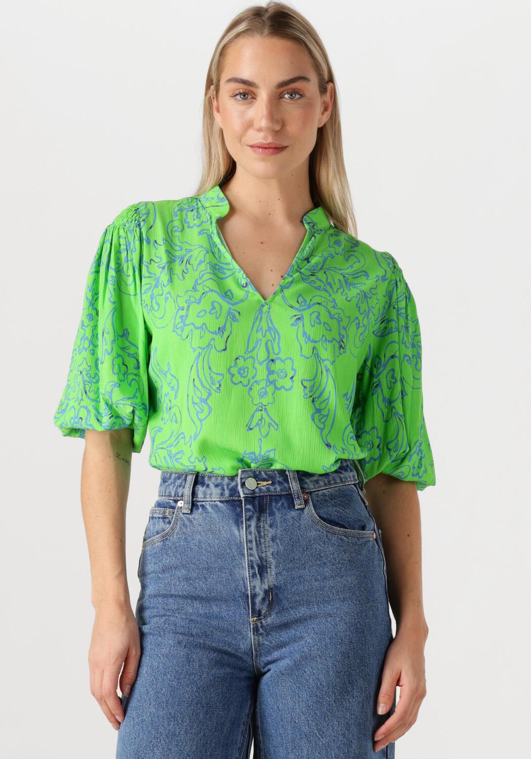 Groene JANSEN AMSTERDAM Blouses LEONIE BLOUSE WP 199 3/4 PUFFED SLEEVE ...