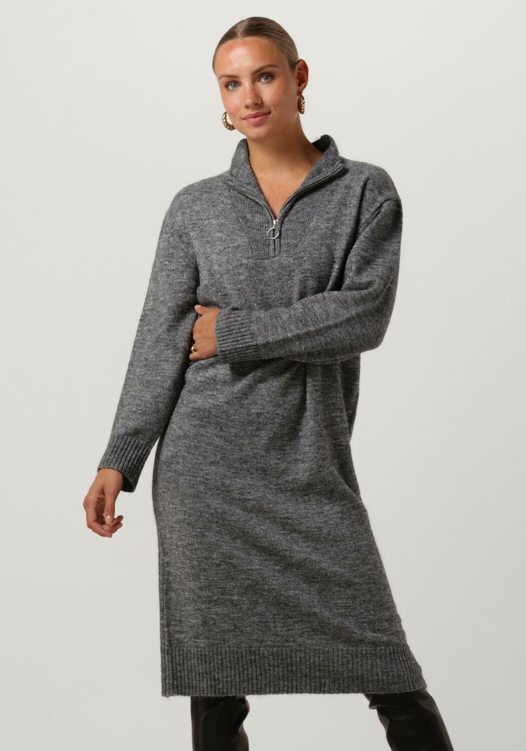 Donkergrijze OBJECT Midi jurk OBJMINNA L/S ZIP KNIT DRESS NOOS | Omoda