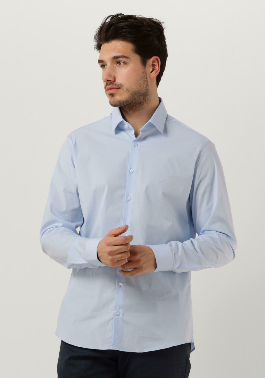 Lichtblauwe Calvin Klein Klassiek Overhemd Poplin Stretch Slim Shirt